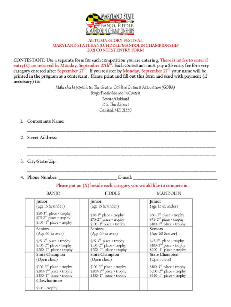 Fillable Online CONTESTANT: Use a separate form for each competition ...