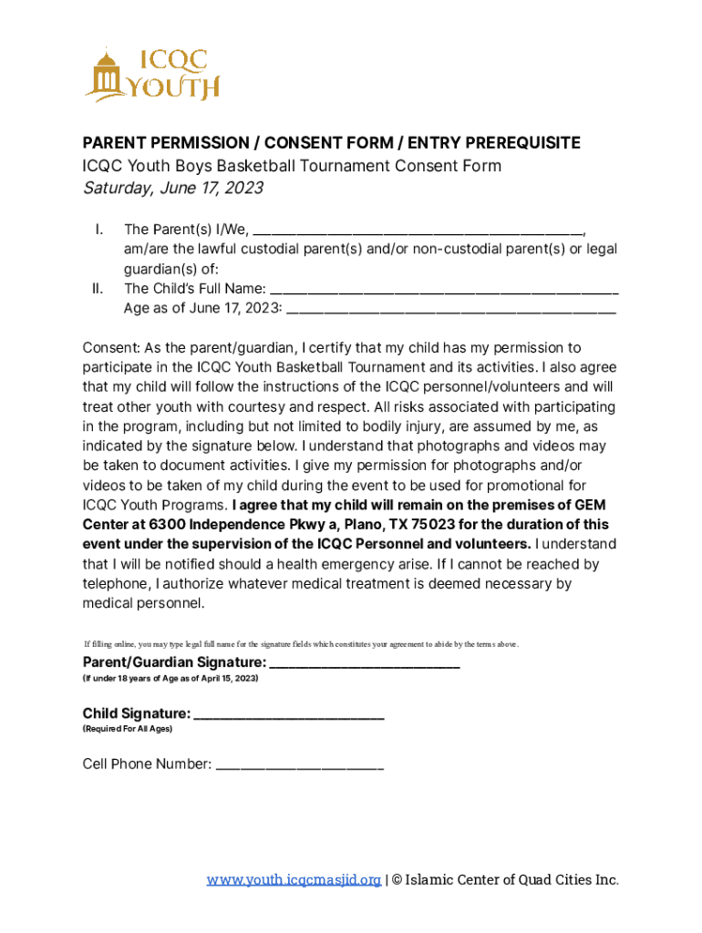 Fillable Online ICQC Youth Boys Basketball Tournament Consent Form Fax ...