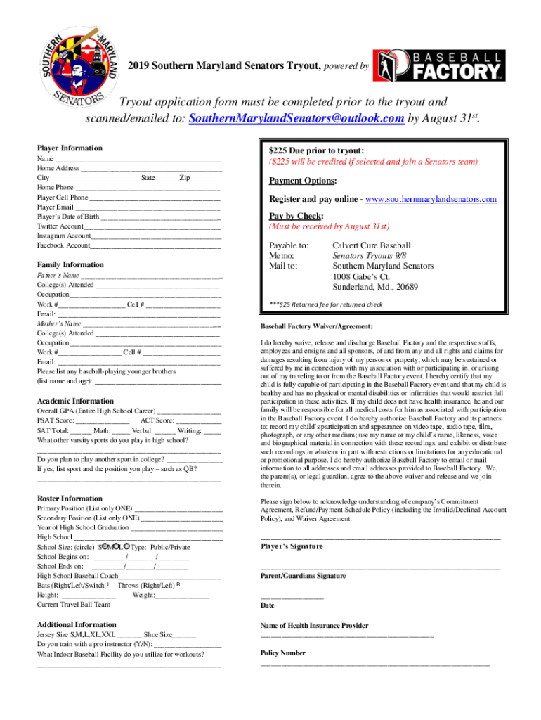 Fillable Online Tryout application form must be completed prior to the ... Fax Email Print ...