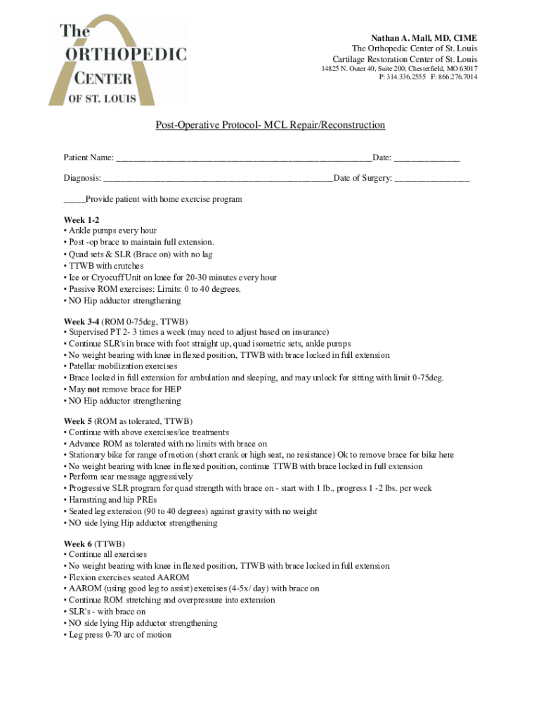 Fillable Online Post-Operative Protocol- MCL Repair/Reconstruction Fax ...