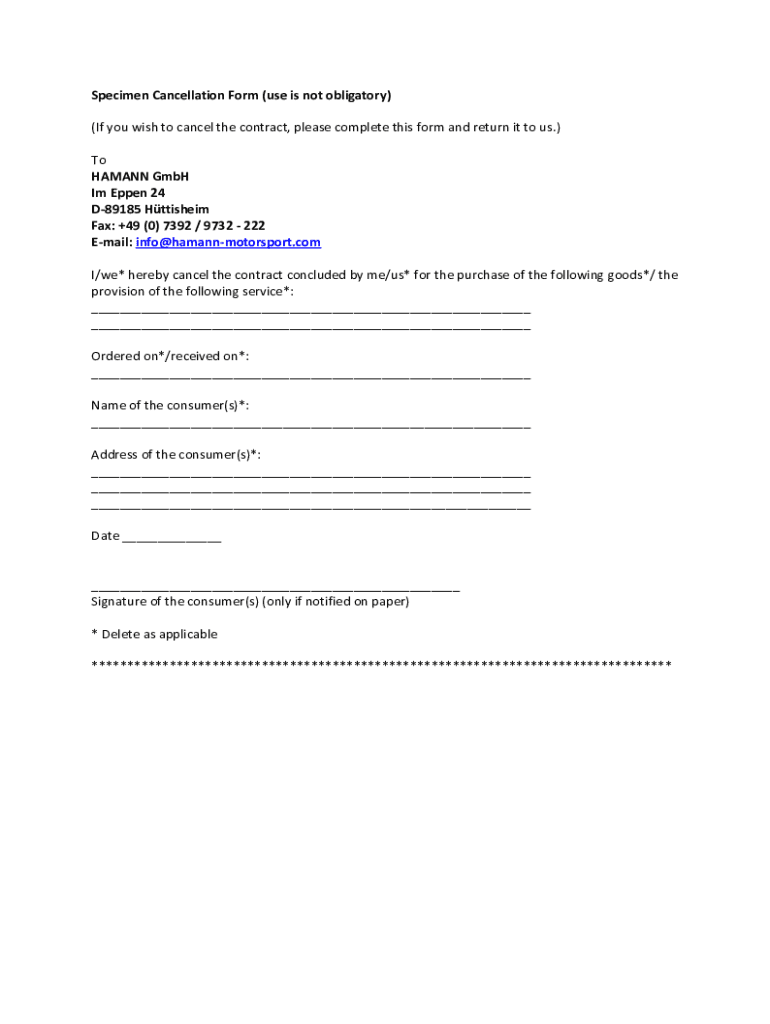 Fillable Online Specimen Cancellation Form (use is not obligatory) Fax ...