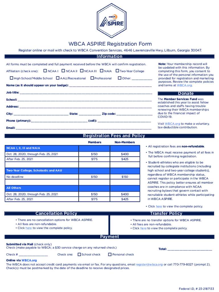 Fillable Online WBCA ASPIRE Registration Form Fax Email Print - pdfFiller