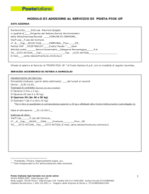 Fillable Online MODULO DI ADESIONE AL SERVIZIO DI POSTA PICK UP Fax Email Print - pdfFiller