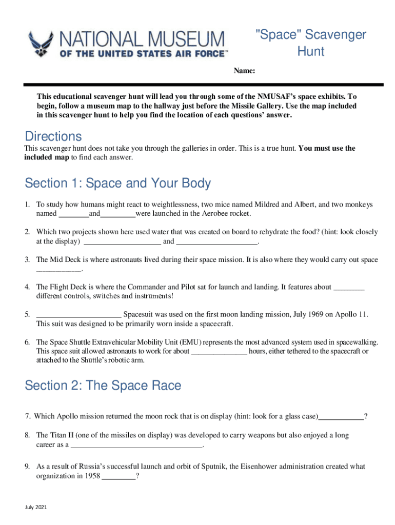 Fillable Online "Space" Scavenger Hunt Directions Section 1 Fax Email ...
