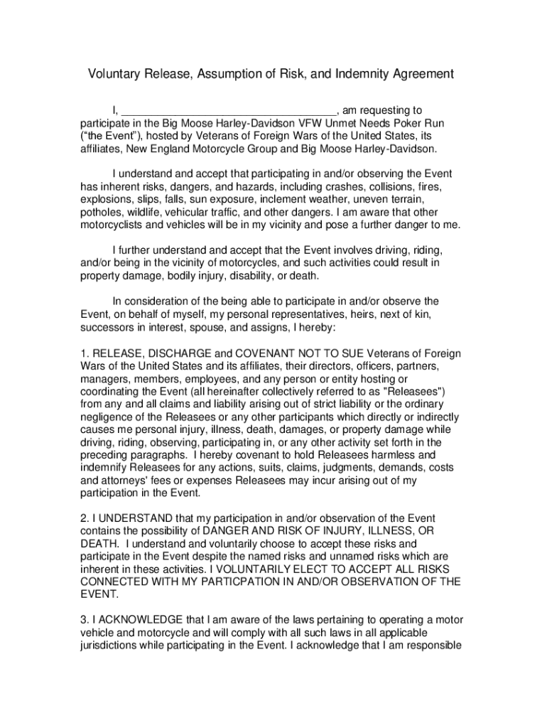 Fillable Online Voluntary Release, Assumption of Risk, and Indemnity ...