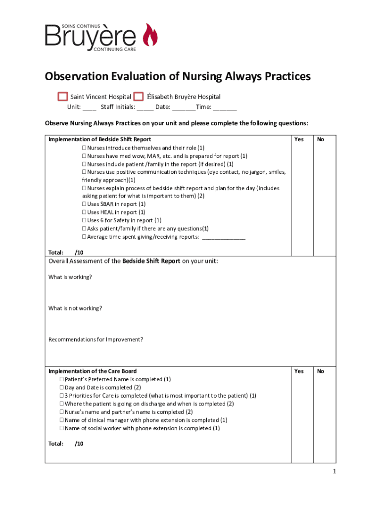 Fillable Online Observation Evaluation of Nursing Always Practices Fax ...
