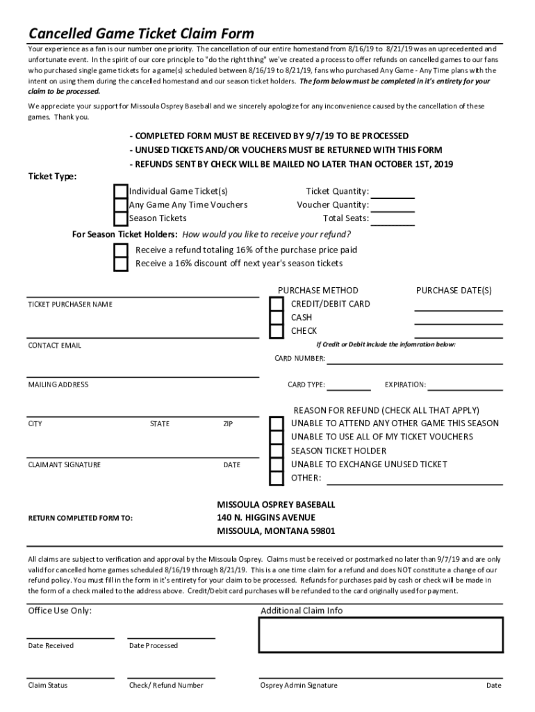 Fillable Online Cancelled Game Ticket Claim Form Fax Email Print ...