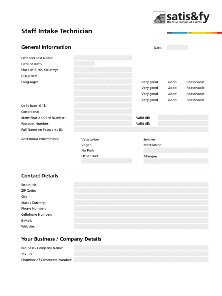 Fillable Online Staff Intake Technician Fax Email Print - pdfFiller