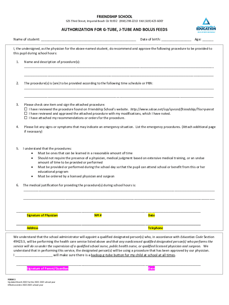 Fillable Online Tube Feeding Authorization for School Fax Email Print ...