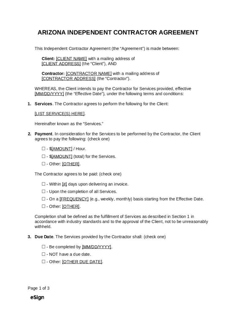 Arizona Independent Contractor Agreement - es Doc Template | pdfFiller