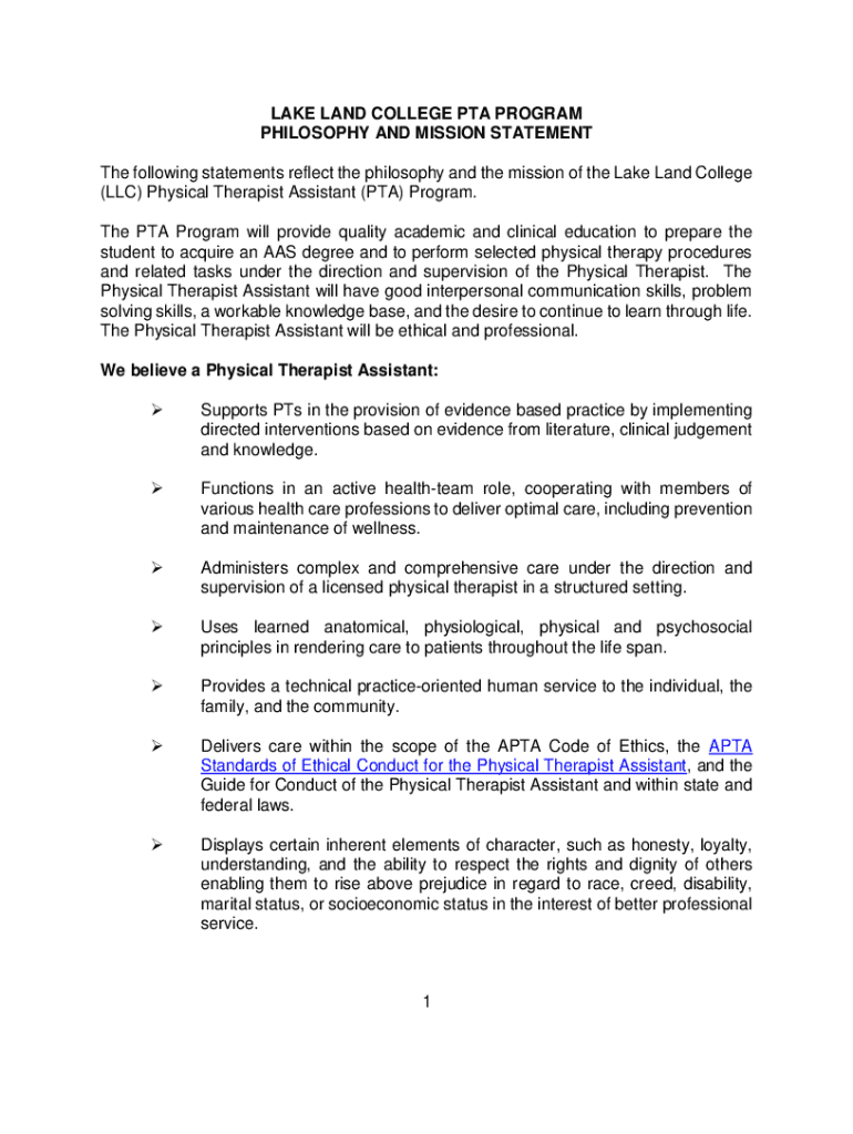 Fillable Online Physical Therapist Assistant Program Mission Statement ...