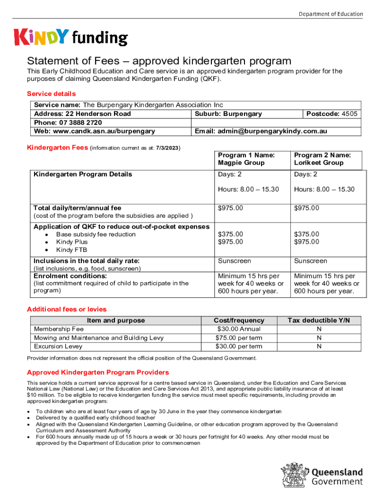 Fillable Online Statement of Fees - approved kindergarten program Fax ...