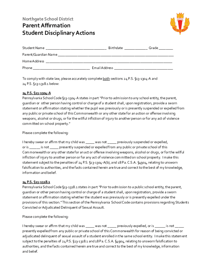 Fillable Online Parent Affirmation Student Disciplinary ActionsNGSD Fax ...