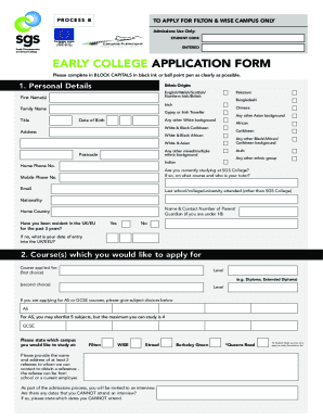 Fillable Online EARLY COLLEGE APPLICATION FORM Fax Email Print - pdfFiller