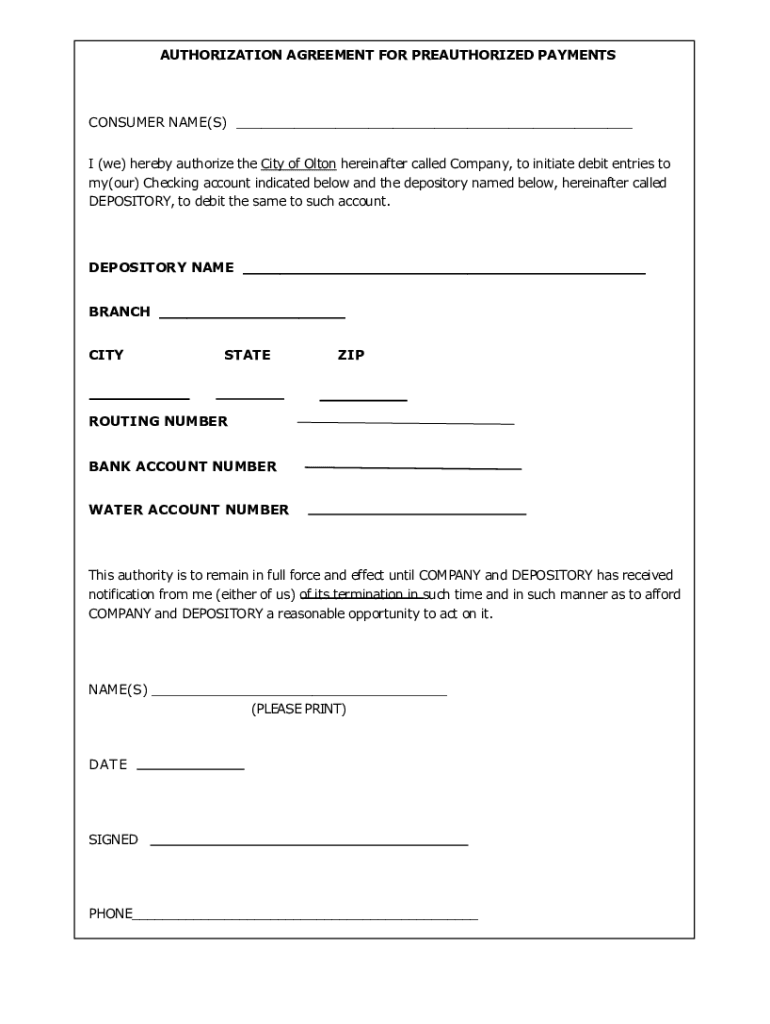 Fillable Online authorization agreement for pre-authorized payments ...