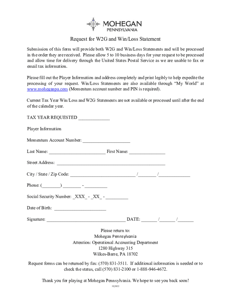 Fillable Online Request for W2G and Win/Loss Statement Fax Email Print ...