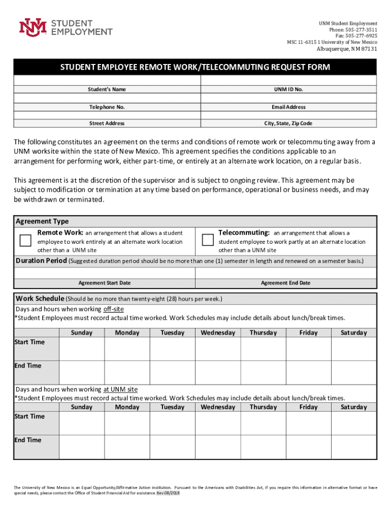 Fillable Online student employee remote work/telecommuting request form ...