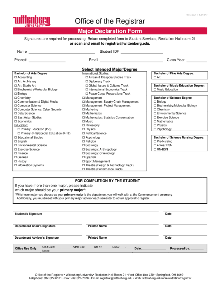 Fillable Online Office of the Registrar - Major Declaration Form Fax ...