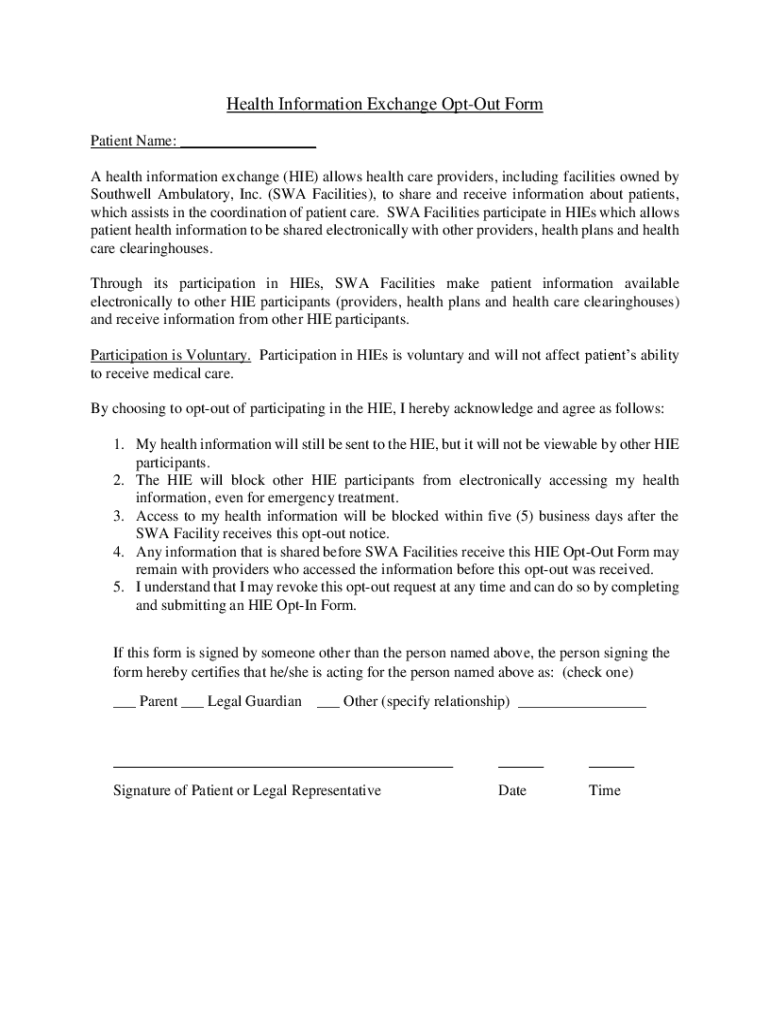 Fillable Online Health Information Exchange Opt-Out Form Fax Email ...