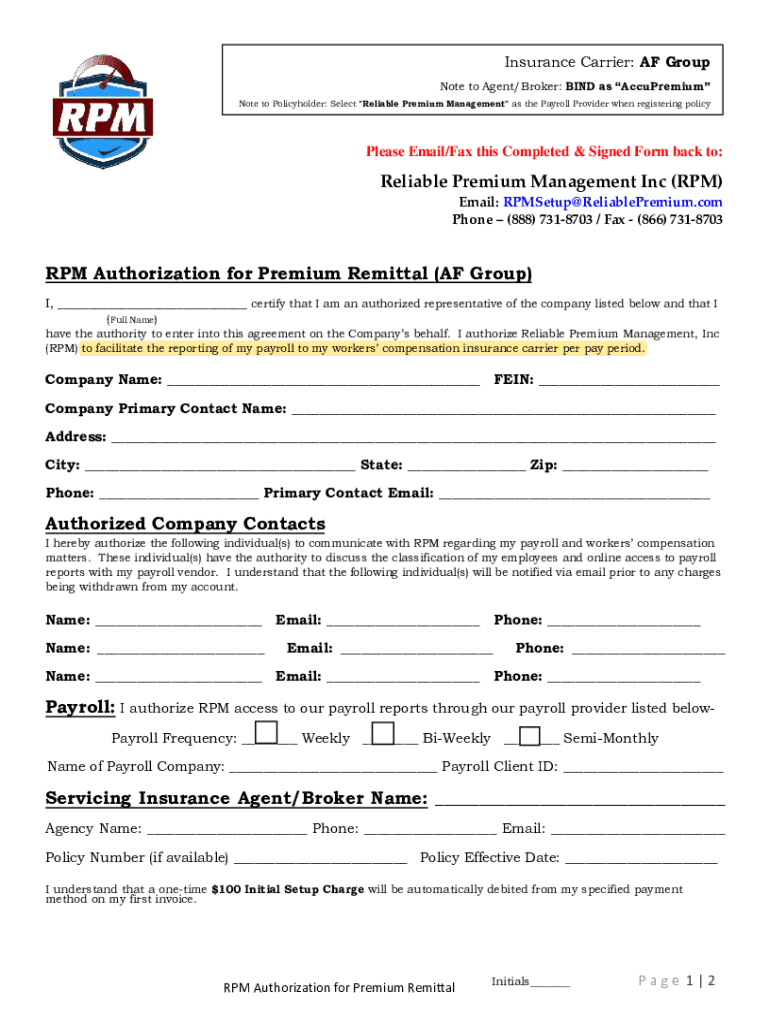 Fillable Online RPM Authorization for Premium Remittal (AF Group) Fax Email Print - pdfFiller