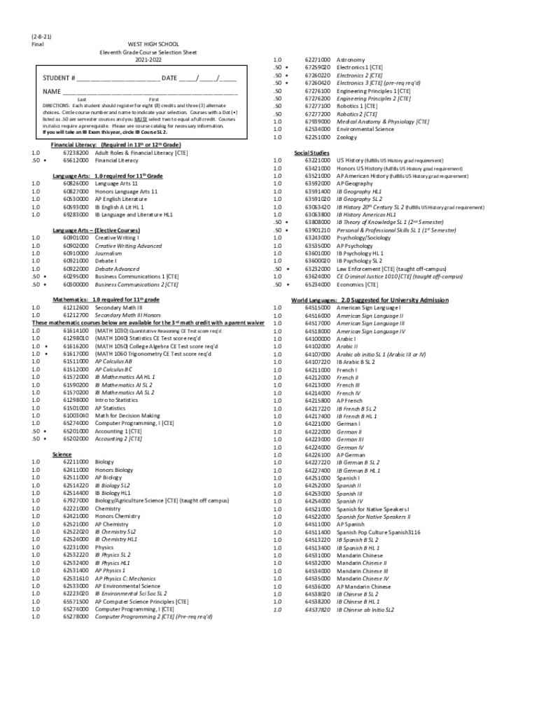 Fillable Online 10th 11th & 12th Grade Course Selection Sheet (FY22 ...
