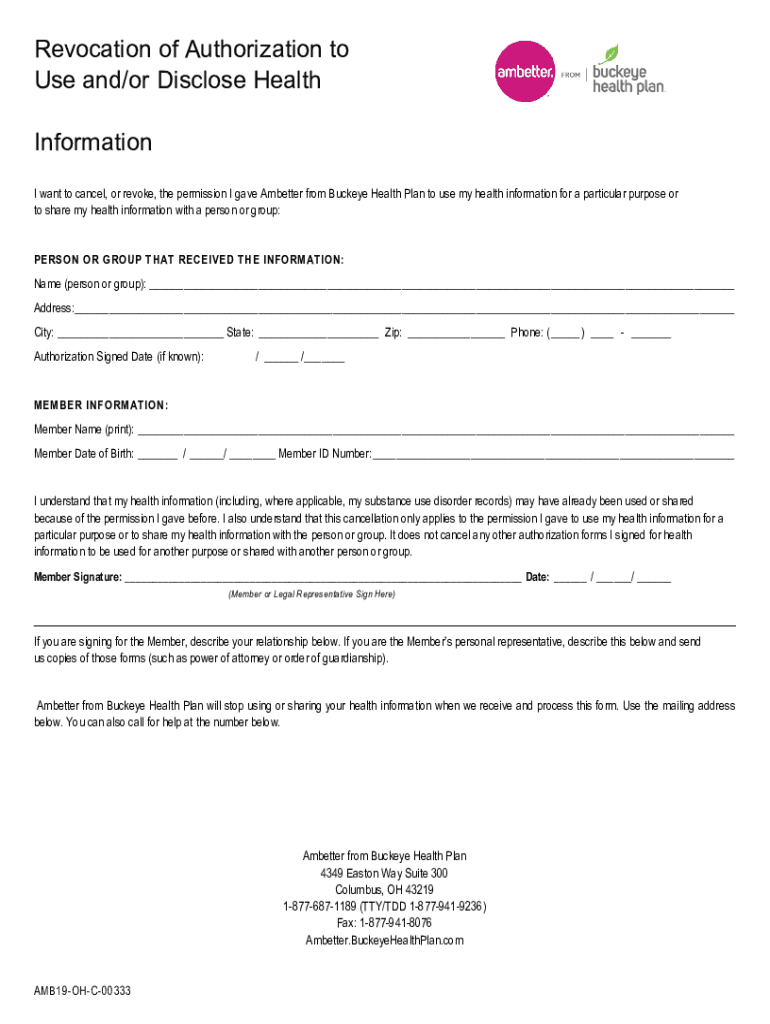 Fillable Online OH HIPAA - Revocation of Authorization to Disclose PHI Template. Revocation of ...