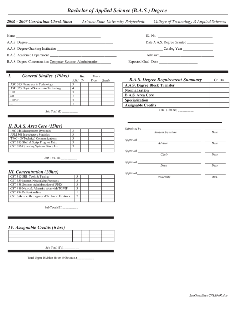Fillable Online catalog asu BAS STA Curriculum Check Sheet - Academic ...