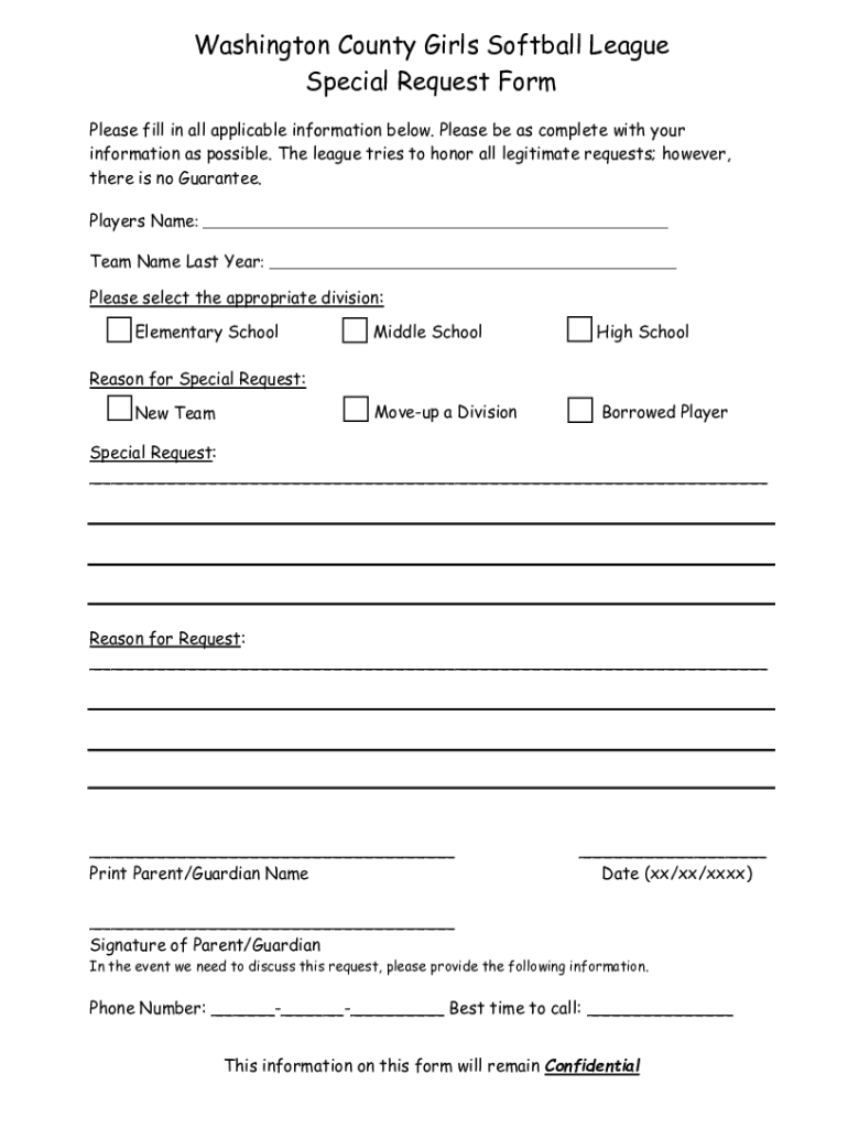 Fillable Online Washington County Girls Softball League Fax Email Print - pdfFiller