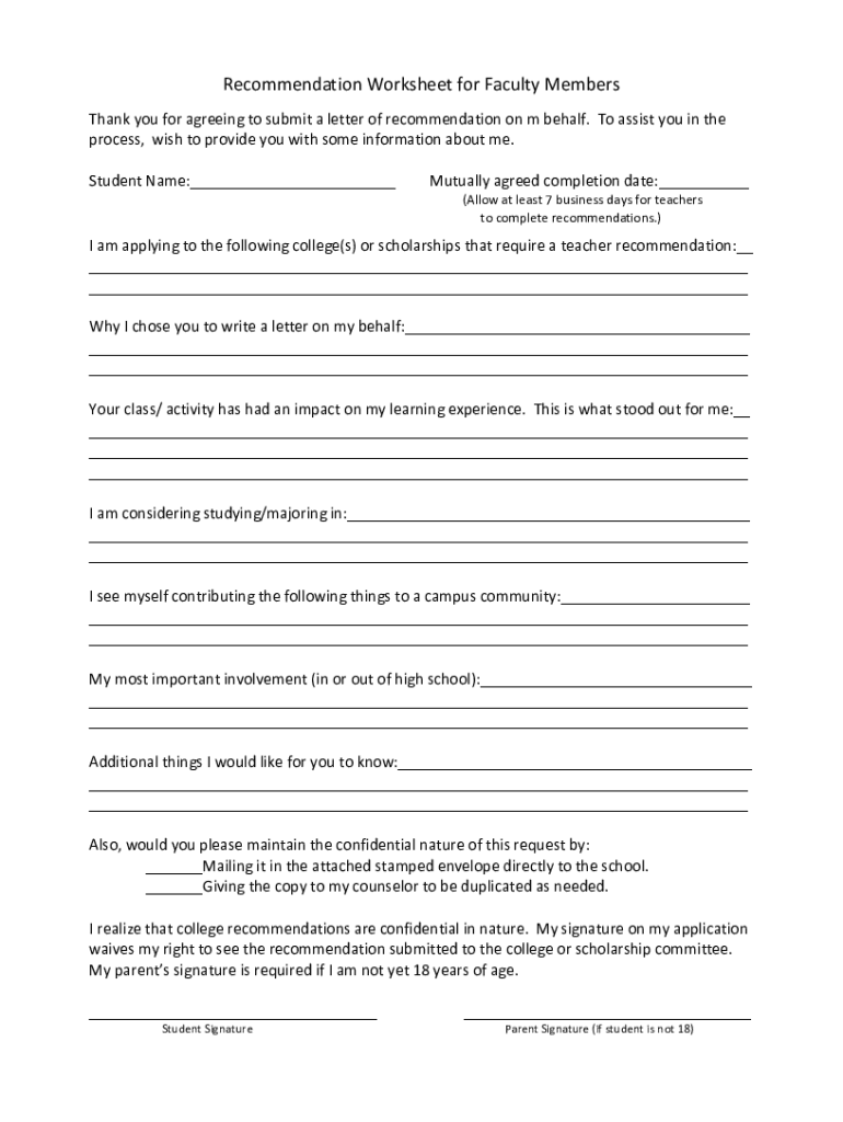 Fillable Online Recommendation Worksheet for Faculty Members Fax Email ...