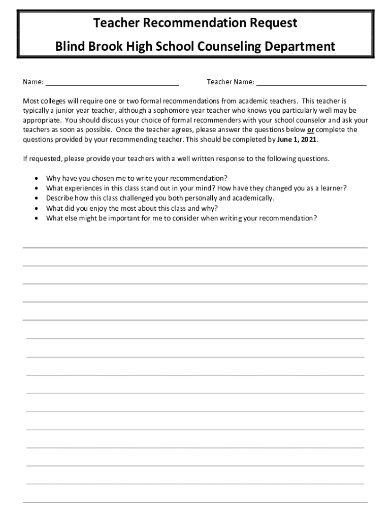 Fillable Online Teacher Recommendation Request . ... Fax Email Print ...