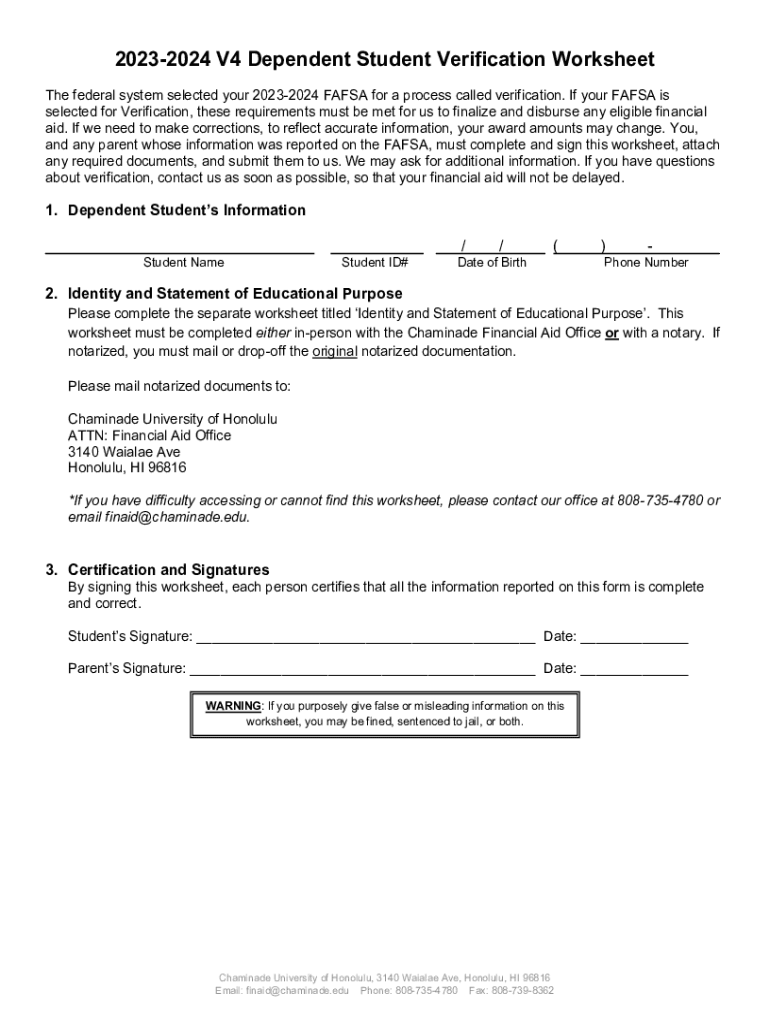 Fillable Online 2023-2024 V4 Dependent Student Verification Worksheet Fax Email Print - pdfFiller