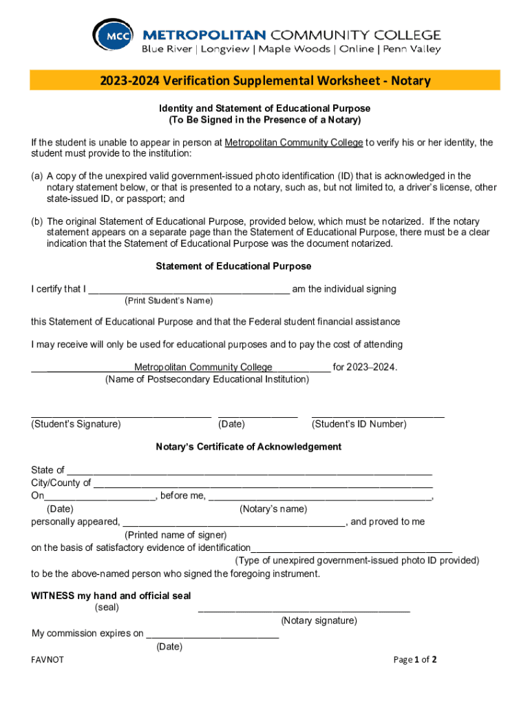 Completable En línea 2023-2024 Verification Supplemental Worksheet ...