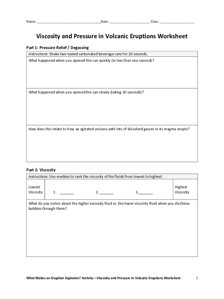 Fillable Online Viscosity and Pressure in Volcanic Eruptions Worksheet ...