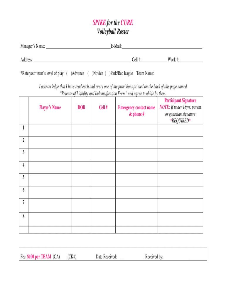 Fillable Online SPIKE for the CURE Volleyball Roster Fax Email Print - pdfFiller