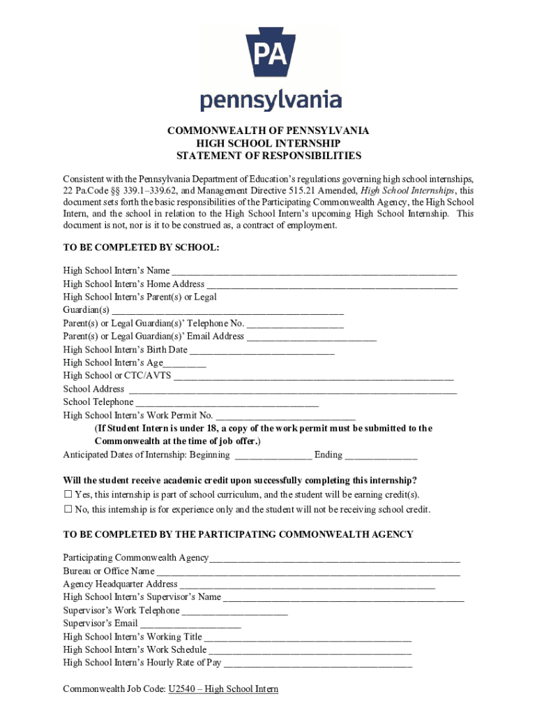 Fillable Online High School Internship Statement of Responsibilities ...