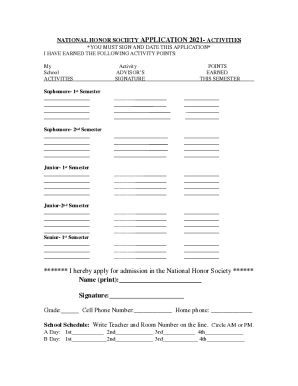 Fillable Online National Honor Society Application and Activity Point ...