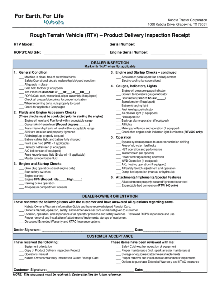 Fillable Online PDI FormRough Terrain Vehicle (RTV)062016 Fax Email ...