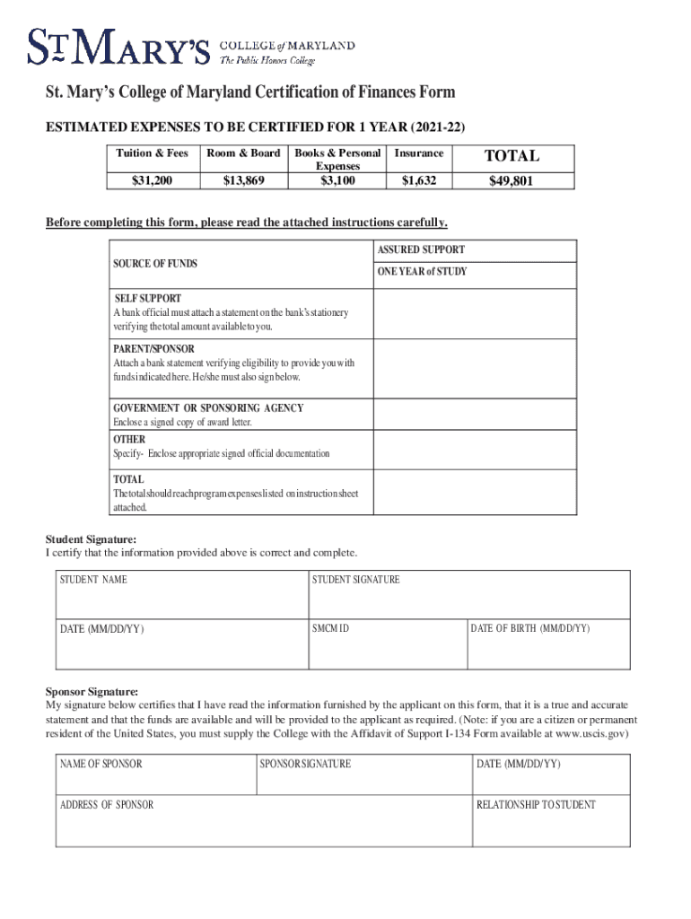Fillable Online St. Mary's College of Maryland Certification of Finances Form Fax Email Print ...