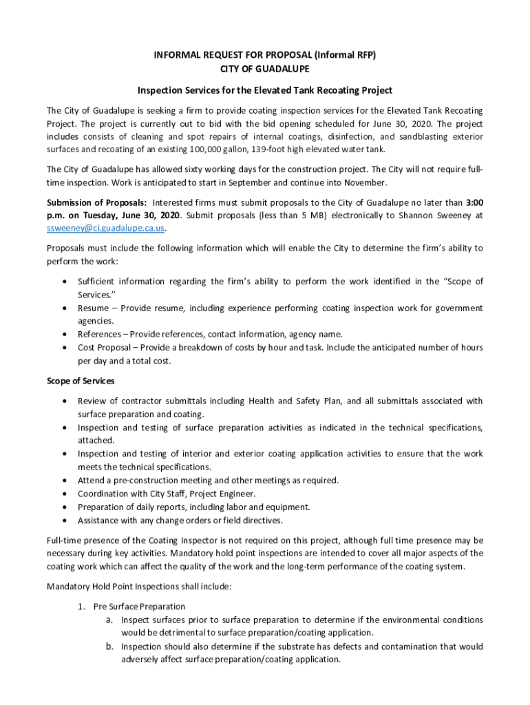 Fillable Online ci guadalupe ca Inspection Services for the Elevated Tank Recoating Project Fax ...