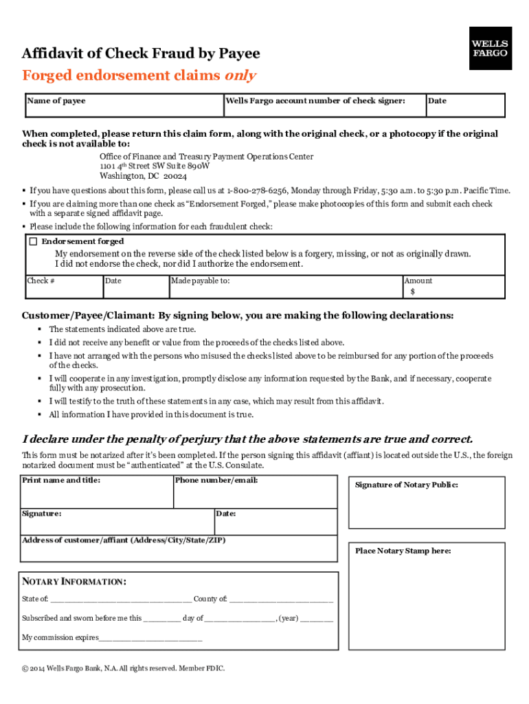 Fillable Online cfo dc Affidavit of Check Fraud Forged Endorsement Fax ...