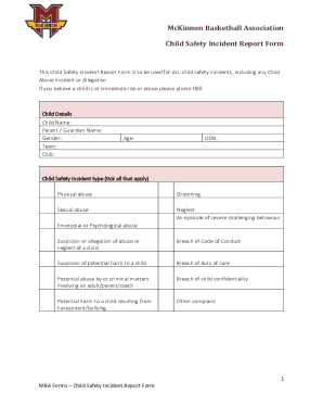 Fillable Online Child Safety Incident Report Form Fax Email Print ...