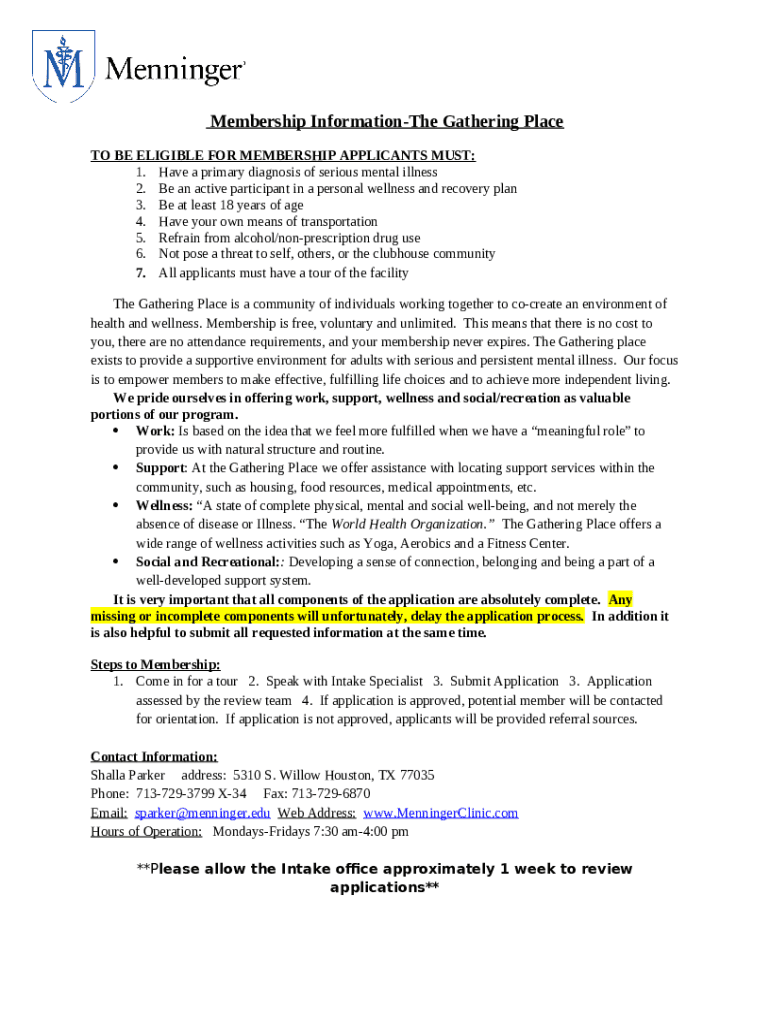 Membership Ination-The Gathering Place Doc Template | pdfFiller