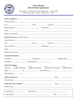 Fillable Online City of Burnet Burial Permit Application Fax Email ...