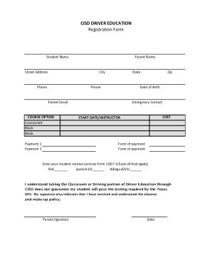 Fillable Online CISD DRIVER EDUCATION Registration Form Fax Email Print ...