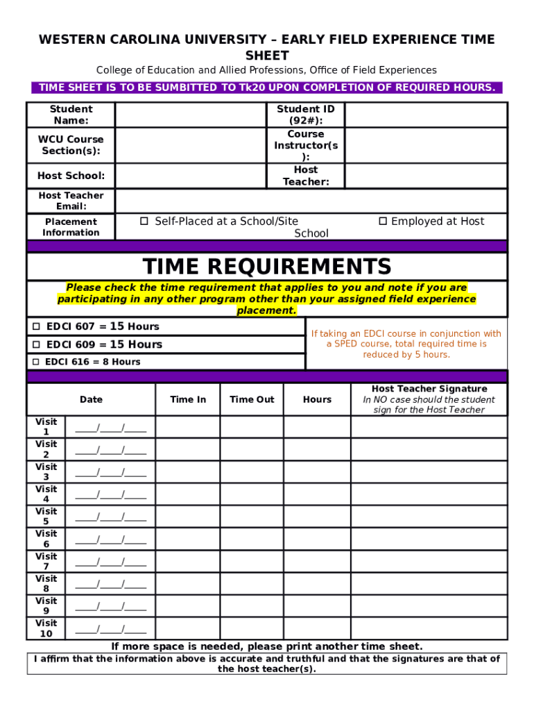 EARLY FIELD EXPERIENCE TIME SHEET Doc Template | pdfFiller