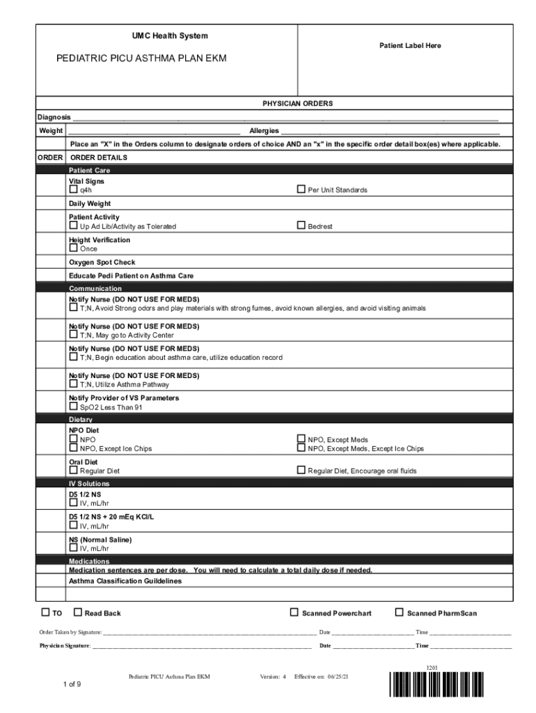 Fillable Online PEDIATRIC PICU ASTHMA PLAN EKM Fax Email Print - pdfFiller