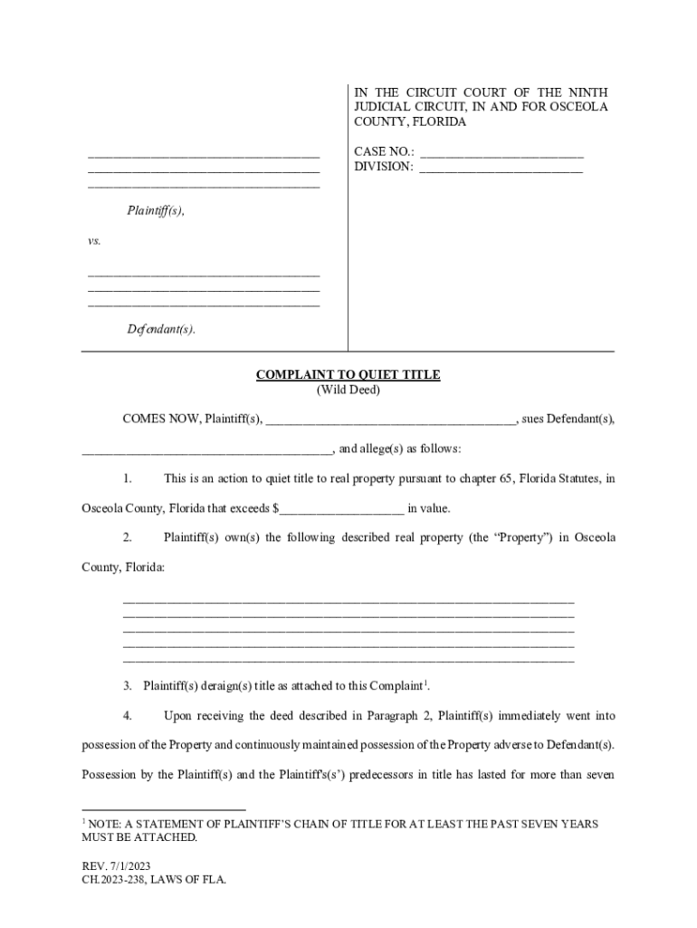 Fillable Online Instructions For Complaint To Quiet Title (Wild Deed ...
