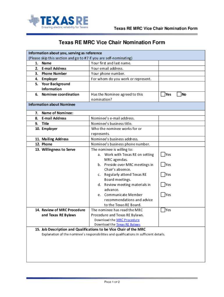 Fillable Online Texas RE MRC Vice Chair Nomination Form Fax Email Print ...
