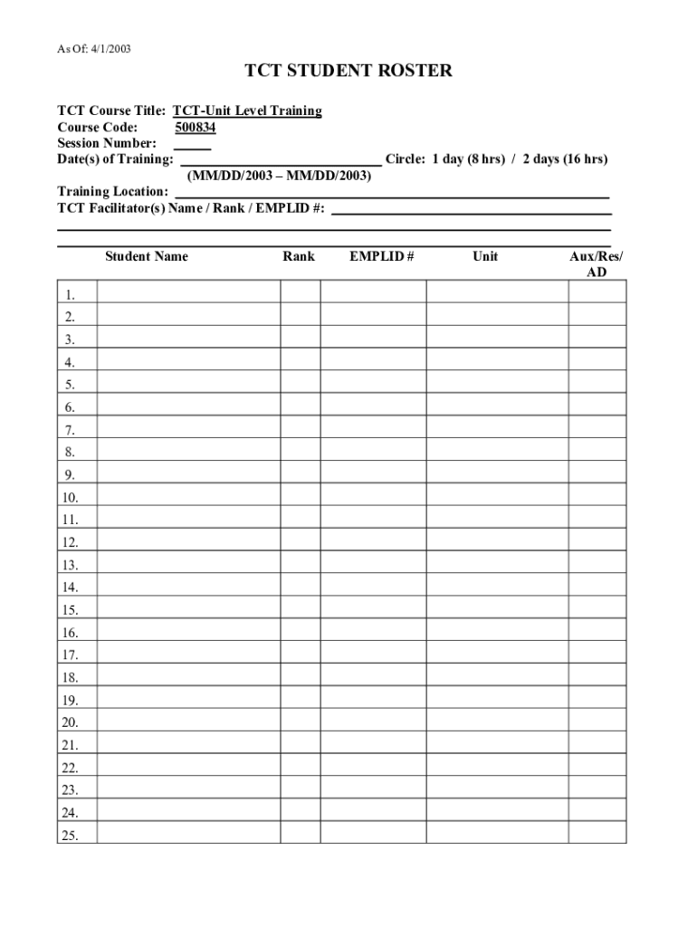Remplissable En Ligne TCT STUDENT ROSTER Fax Email Imprimer - pdfFiller