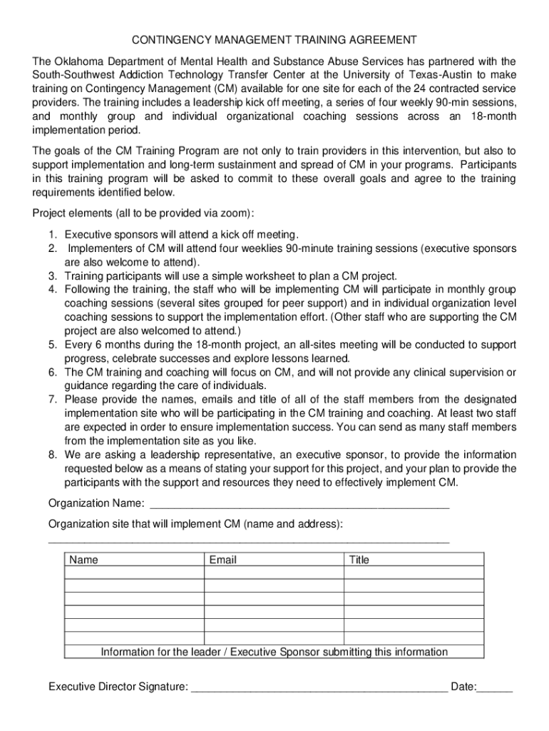 Fillable Online contingency management training agreement Fax Email ...